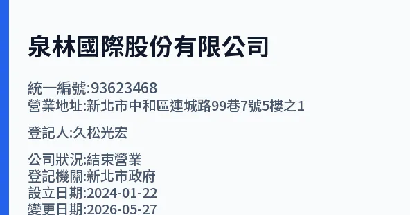 泉林國際股份有限公司的照片-統編 93623468(新北市) 公司登記資料與營業項目詳細圖表