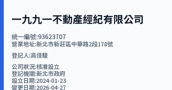 一九九一不動產經紀有限公司的照片-統編 93623707(新北市) 公司登記資料與營業項目詳細圖表