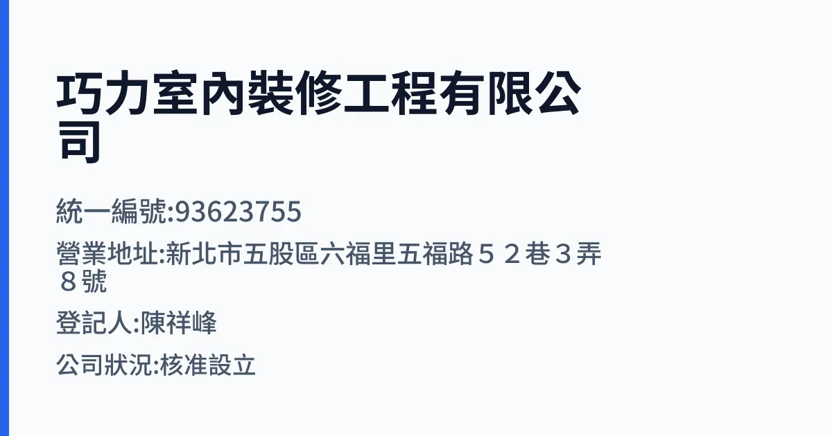 巧力室內裝修工程有限公司 - 統編 93623755(新北市) 公司登記資料與營業項目詳細圖表