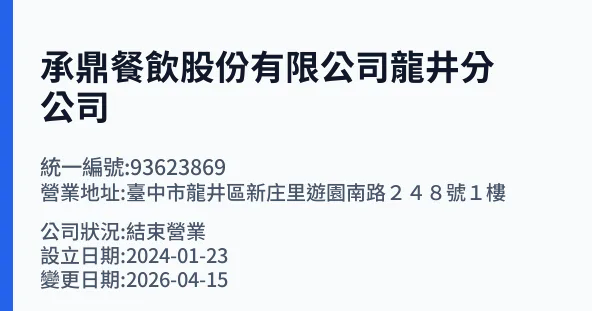 承鼎餐飲股份有限公司龍井分公司的照片-統編 93623869(臺中市) 公司登記資料與營業項目詳細圖表