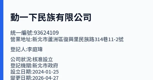 動一下民族有限公司的照片-統編 93624109(新北市) 公司登記資料與營業項目詳細圖表