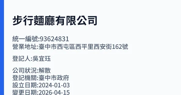 步行麵廳有限公司的照片-統編 93624831(臺中市) 公司登記資料與營業項目詳細圖表