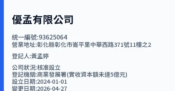 優孟有限公司的照片-統編 93625064(彰化縣) 公司登記資料與營業項目詳細圖表