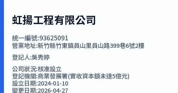 虹揚工程有限公司的照片-統編 93625091(新竹縣) 公司登記資料與營業項目詳細圖表