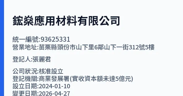 鋐燊應用材料有限公司的照片-統編 93625331(苗栗縣) 公司登記資料與營業項目詳細圖表