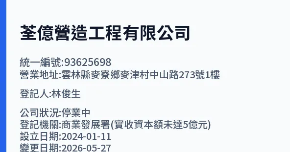 荃億營造工程有限公司的照片-統編 93625698(雲林縣) 公司登記資料與營業項目詳細圖表
