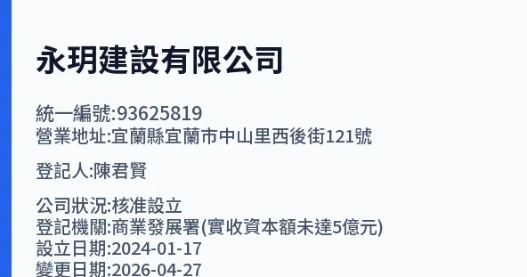 永玥建設有限公司的照片-統編 93625819(宜蘭縣) 公司登記資料與營業項目詳細圖表