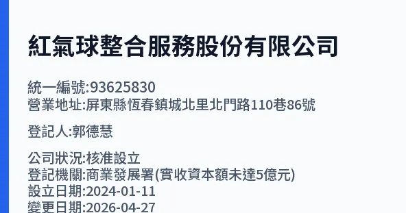 紅氣球整合服務股份有限公司的照片-統編 93625830(屏東縣) 公司登記資料與營業項目詳細圖表