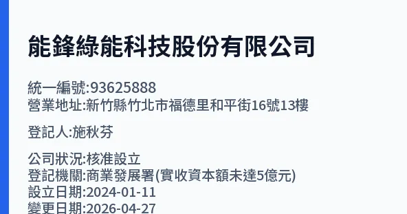 能鋒綠能科技股份有限公司的照片-統編 93625888(新竹縣) 公司登記資料與營業項目詳細圖表