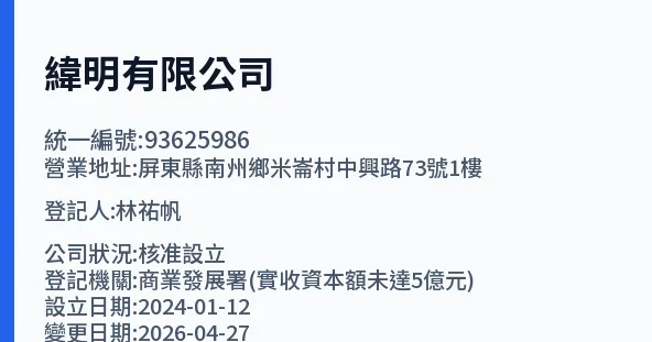 緯明有限公司的照片-統編 93625986(屏東縣) 公司登記資料與營業項目詳細圖表