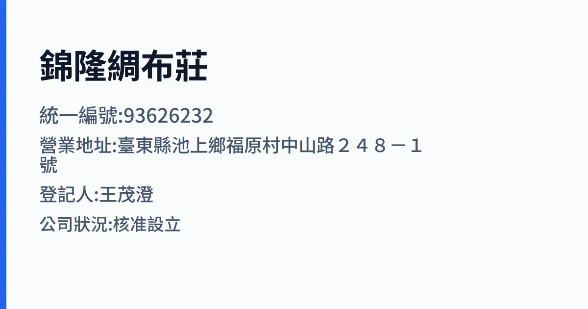 錦隆綢布莊 - 統編 93626232(臺東縣) 公司登記資料與營業項目詳細圖表