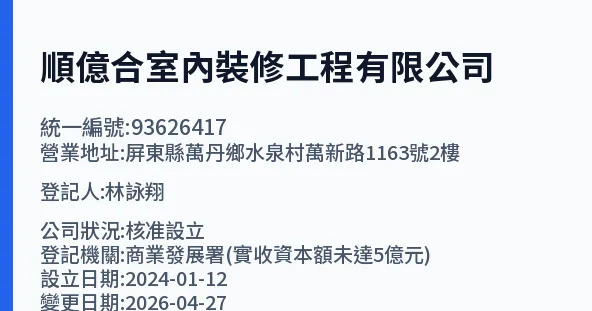 順億合室內裝修工程有限公司的照片-統編 93626417(屏東縣) 公司登記資料與營業項目詳細圖表