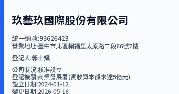 玖藝玖國際股份有限公司的照片-統編 93626423(臺中市) 公司登記資料與營業項目詳細圖表