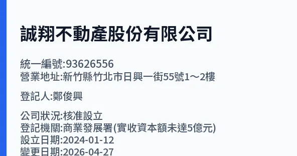 誠翔不動產股份有限公司的照片-統編 93626556(新竹縣) 公司登記資料與營業項目詳細圖表