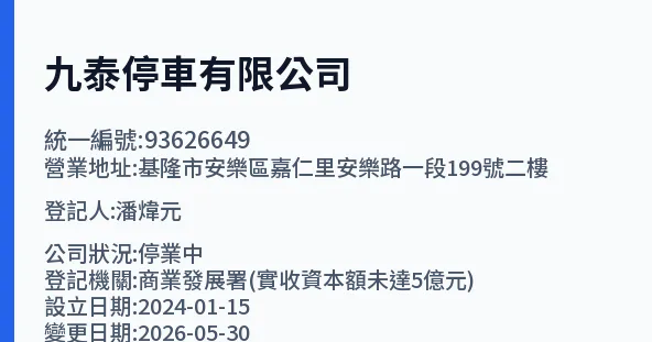 九泰停車有限公司的照片-統編 93626649(基隆市) 公司登記資料與營業項目詳細圖表