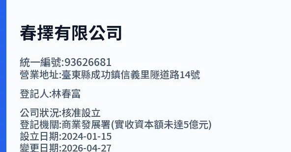 春擇有限公司的照片-統編 93626681(臺東縣) 公司登記資料與營業項目詳細圖表