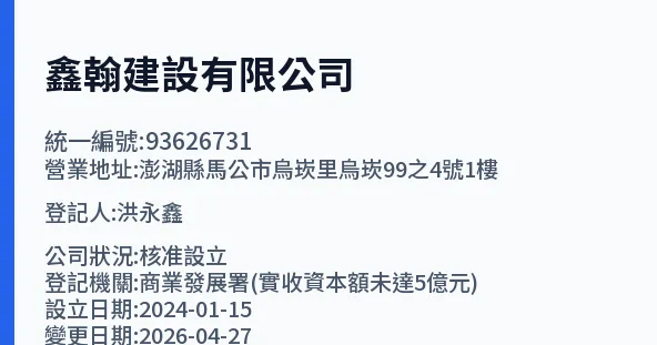 鑫翰建設有限公司的照片-統編 93626731(澎湖縣) 公司登記資料與營業項目詳細圖表