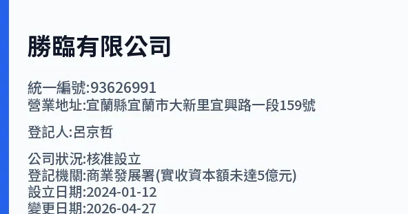 勝臨有限公司的照片-統編 93626991(宜蘭縣) 公司登記資料與營業項目詳細圖表