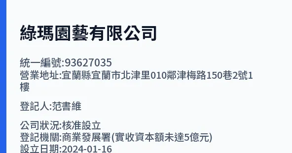 綠瑪園藝有限公司的照片-統編 93627035(宜蘭縣) 公司登記資料與營業項目詳細圖表
