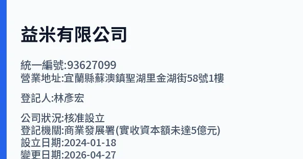 益米有限公司的照片-統編 93627099(宜蘭縣) 公司登記資料與營業項目詳細圖表
