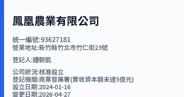 鳳凰農業有限公司的照片-統編 93627181(新竹縣) 公司登記資料與營業項目詳細圖表