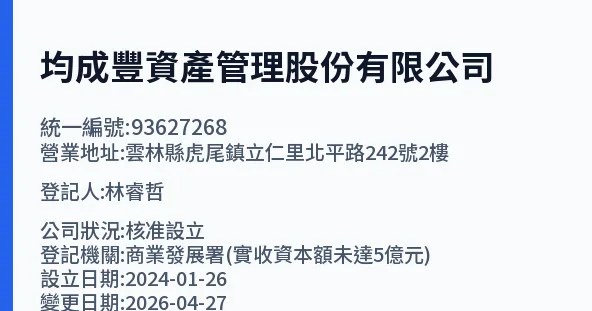均成豐資產管理股份有限公司的照片-統編 93627268(雲林縣) 公司登記資料與營業項目詳細圖表