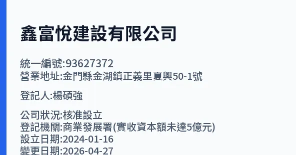 鑫富悅建設有限公司的照片-統編 93627372(金門縣) 公司登記資料與營業項目詳細圖表