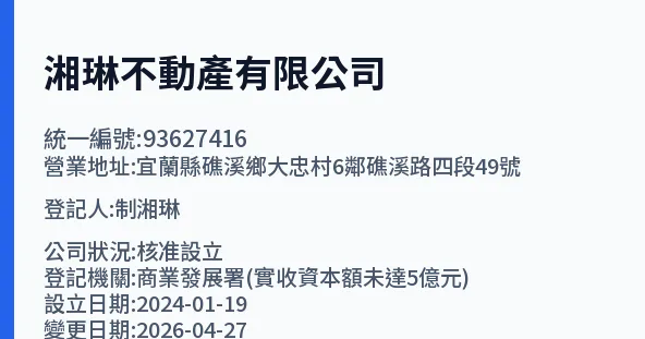 湘琳不動產有限公司的照片-統編 93627416(宜蘭縣) 公司登記資料與營業項目詳細圖表