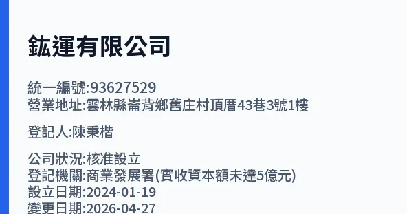 鈜運有限公司的照片-統編 93627529(雲林縣) 公司登記資料與營業項目詳細圖表