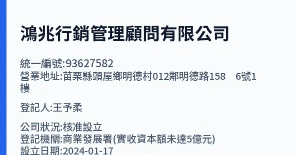 鴻兆行銷管理顧問有限公司的照片-統編 93627582(苗栗縣) 公司登記資料與營業項目詳細圖表