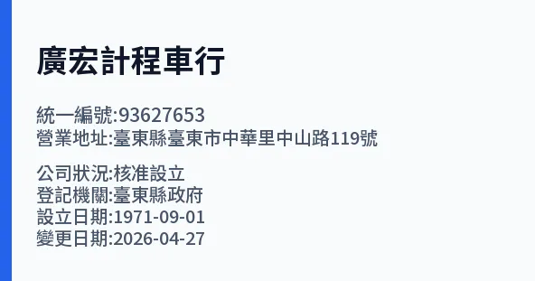 廣宏計程車行的照片-統編 93627653(臺東縣) 公司登記資料與營業項目詳細圖表