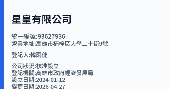 星皇有限公司的照片-統編 93627936(高雄市) 公司登記資料與營業項目詳細圖表
