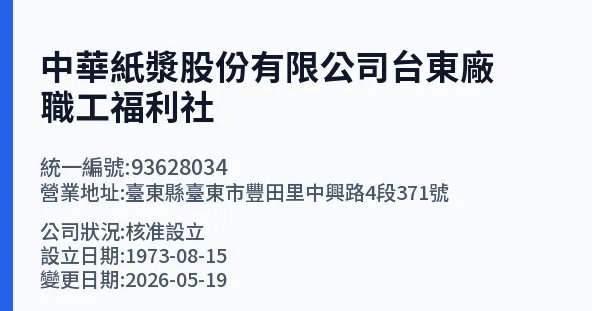 中華紙漿股份有限公司台東廠職工福利社的照片-統編 93628034(臺東縣) 公司登記資料與營業項目詳細圖表