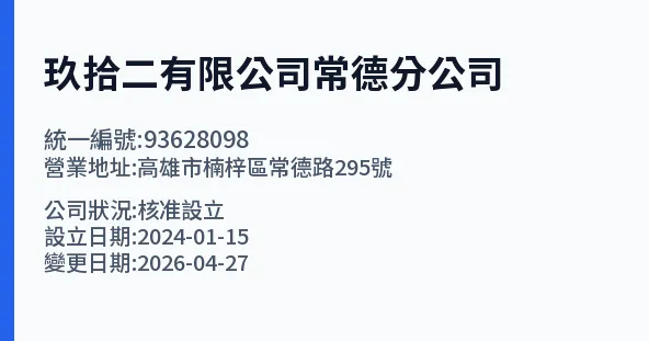 玖拾二有限公司常德分公司的照片-統編 93628098(高雄市) 公司登記資料與營業項目詳細圖表