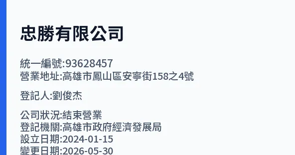 忠勝有限公司的照片-統編 93628457(高雄市) 公司登記資料與營業項目詳細圖表