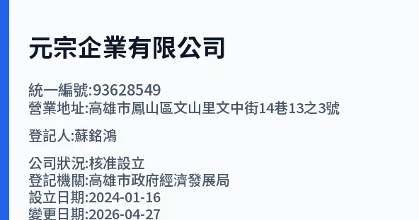 元宗企業有限公司的照片-統編 93628549(高雄市) 公司登記資料與營業項目詳細圖表