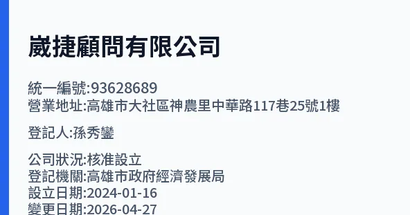 崴捷顧問有限公司的照片-統編 93628689(高雄市) 公司登記資料與營業項目詳細圖表