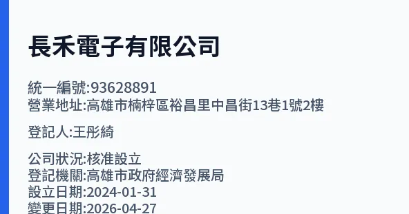 長禾電子有限公司的照片-統編 93628891(高雄市) 公司登記資料與營業項目詳細圖表