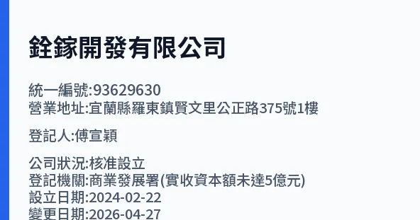 銓鎵開發有限公司的照片-統編 93629630(宜蘭縣) 公司登記資料與營業項目詳細圖表