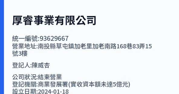 厚睿事業有限公司的照片-統編 93629667(南投縣) 公司登記資料與營業項目詳細圖表