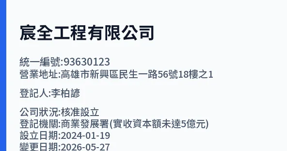 宸全工程有限公司的照片-統編 93630123(高雄市) 公司登記資料與營業項目詳細圖表