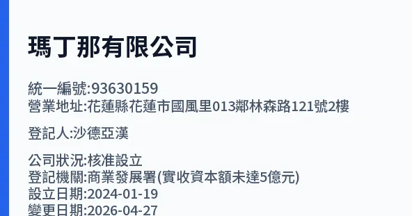 瑪丁那有限公司的照片-統編 93630159(花蓮縣) 公司登記資料與營業項目詳細圖表
