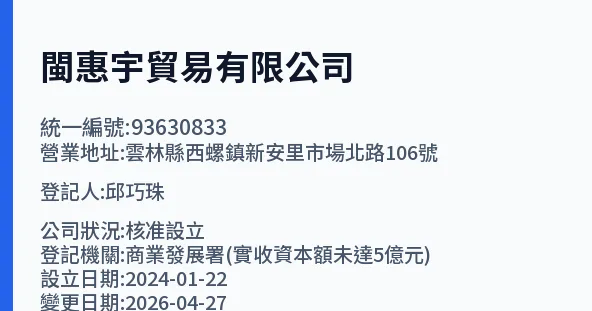 閩惠宇貿易有限公司的照片-統編 93630833(雲林縣) 公司登記資料與營業項目詳細圖表