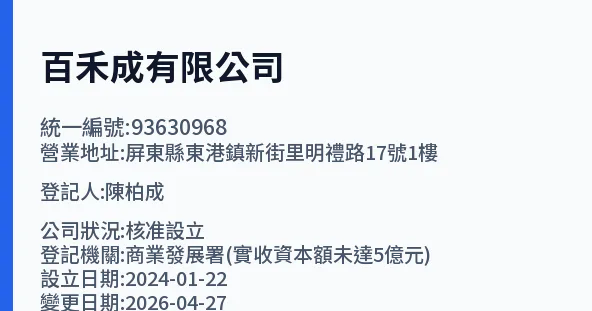 百禾成有限公司的照片-統編 93630968(屏東縣) 公司登記資料與營業項目詳細圖表