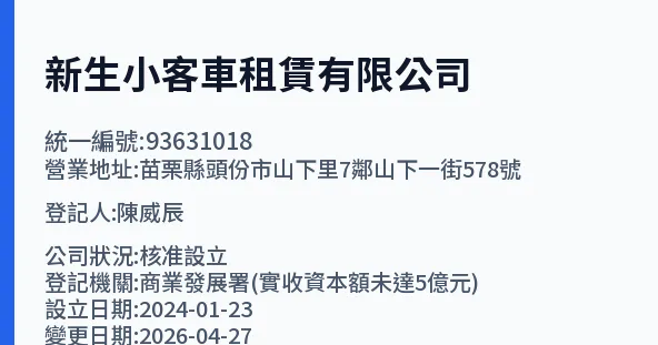 新生小客車租賃有限公司的照片-統編 93631018(苗栗縣) 公司登記資料與營業項目詳細圖表