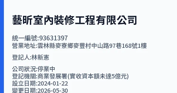 藝昕室內裝修工程有限公司的照片-統編 93631397(雲林縣) 公司登記資料與營業項目詳細圖表