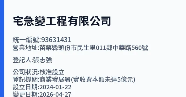 宅急變工程有限公司的照片-統編 93631431(苗栗縣) 公司登記資料與營業項目詳細圖表