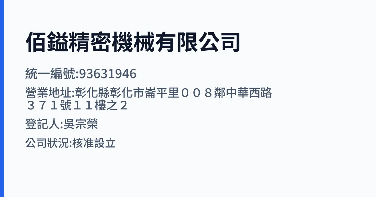 佰鎰精密機械有限公司 - 統編 93631946(彰化縣) 公司登記資料與營業項目詳細圖表