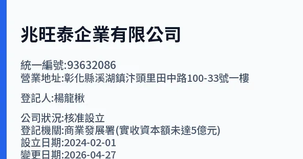 兆旺泰企業有限公司的照片-統編 93632086(彰化縣) 公司登記資料與營業項目詳細圖表
