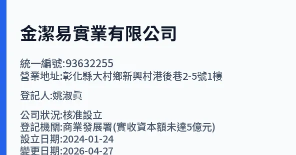 金潔易實業有限公司的照片-統編 93632255(彰化縣) 公司登記資料與營業項目詳細圖表